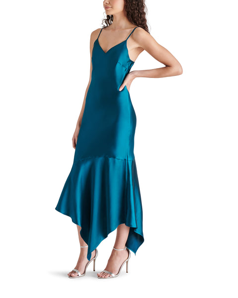 LUCILLE Teal Satin Flowy Dress | Women's Designer Clothing – Steve ...
