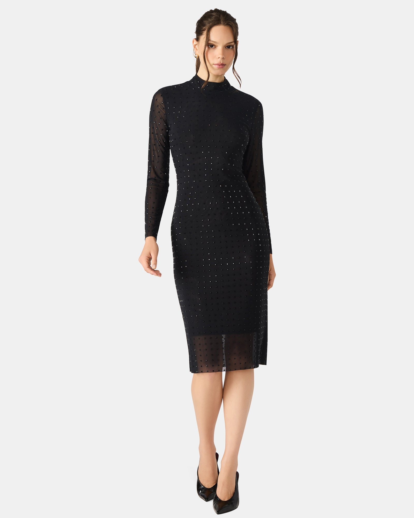 KRISTA Black High Neck Rhinestone Detail Midi Dress | Women's Designer ...
