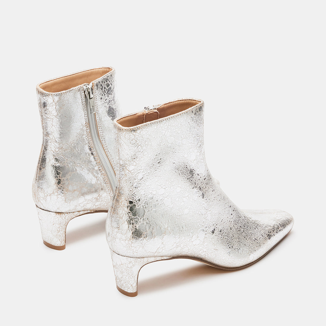 DELVIE Silver Leather Kitten Heel Ankle Boots | Women's Designer ...