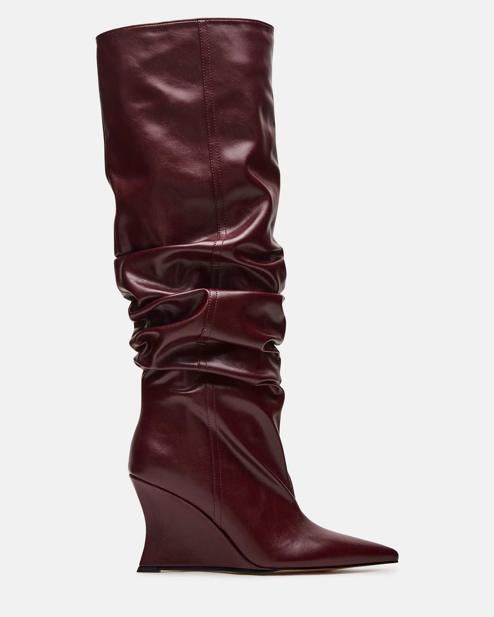 DISTORTION Burgundy Knee-High Wedge Boots | Women's Designer Boots ...