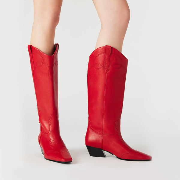 DOLLIE Red Leather Knee-High Cowboy Boots | Women's Designer Boots ...
