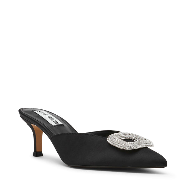 INTIMIDATE Black Satin Rhinestone Kitten Heels | Women's Designer Heels ...