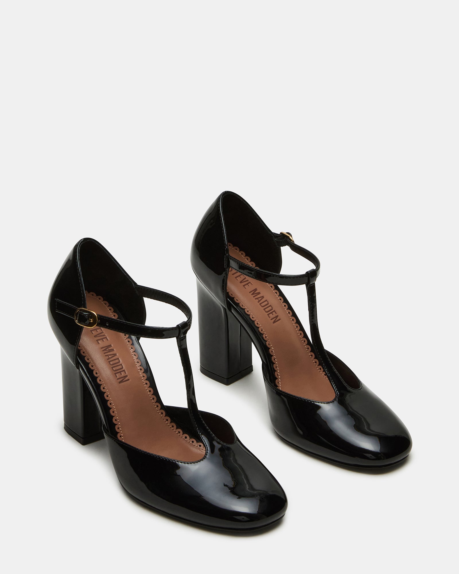 MALCOLM Black Patent T-Strap Mary Jane Heels | Women's Designer Heels ...