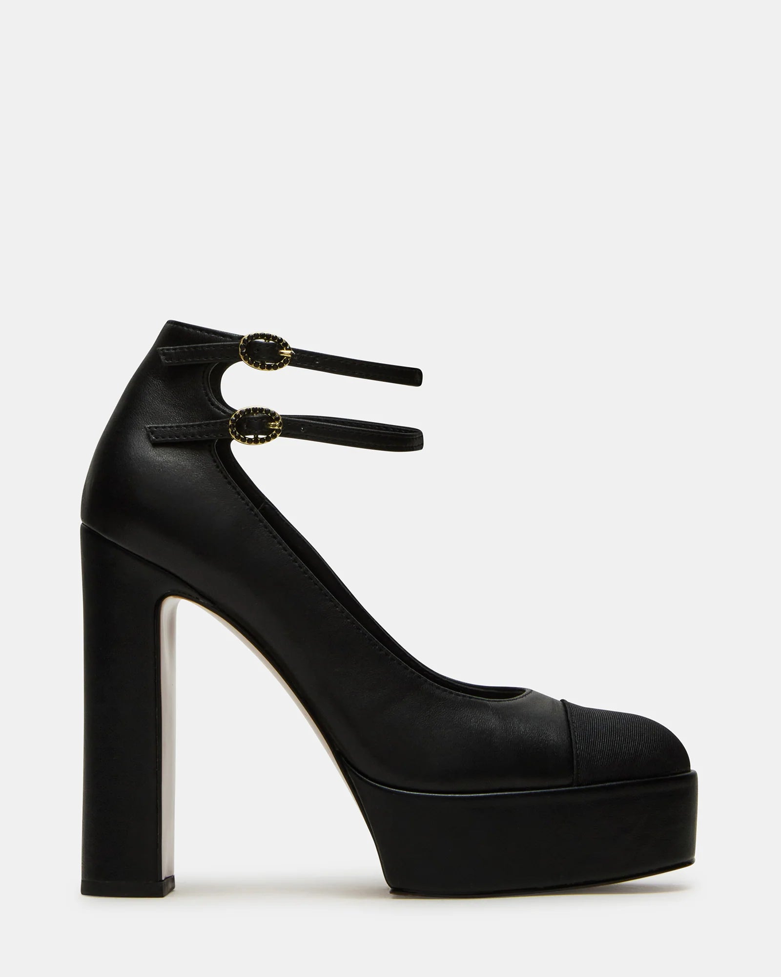 PEYTONN Black Leather Platform Block Heels | Women's Designer Heels ...