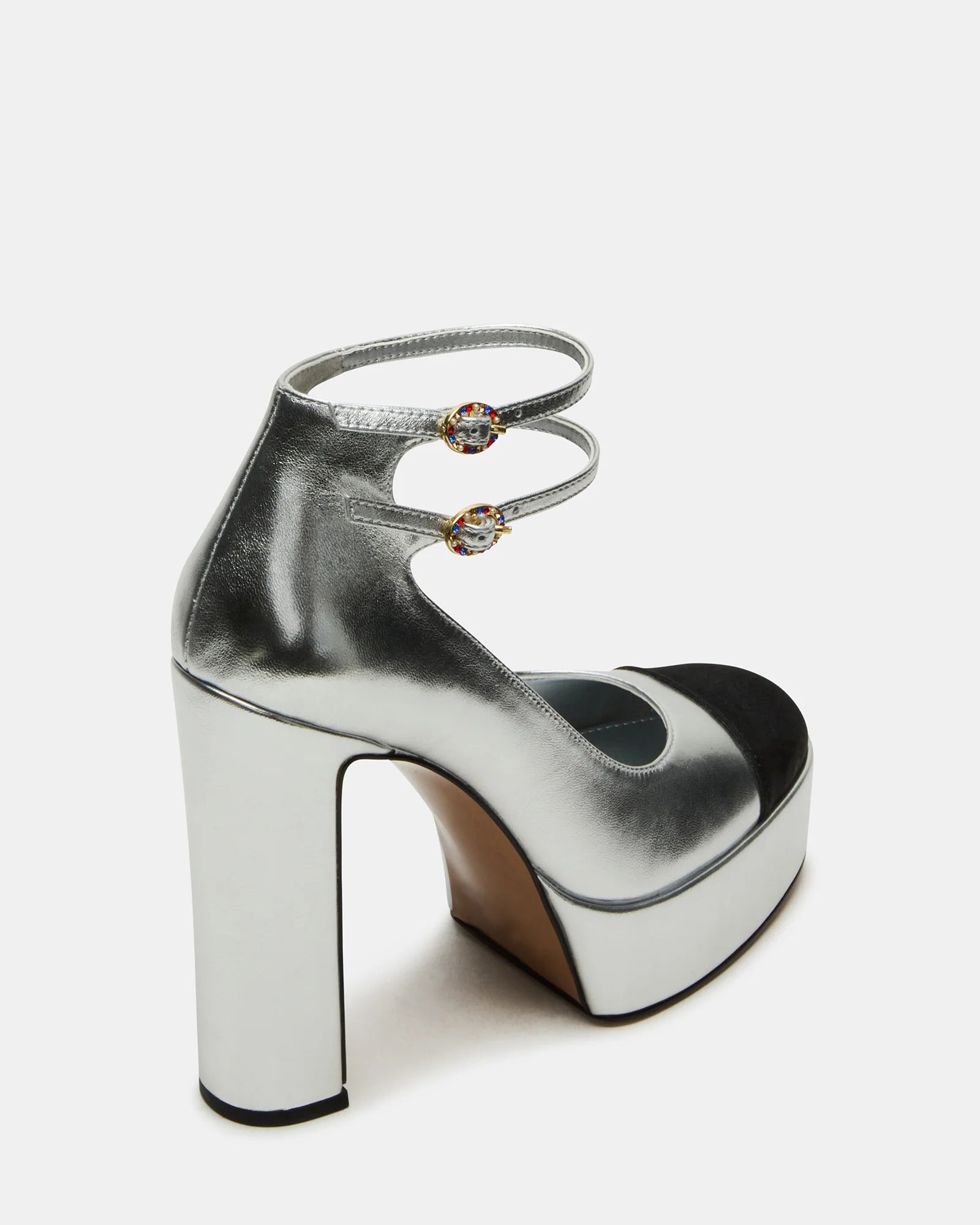 PEYTONN Silver Leather Platform Block Heels | Women's Designer