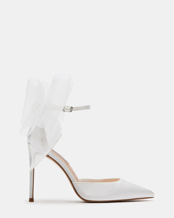 VALENTEEN White Satin Bow Embellished Pumps | Women's Designer Heels ...