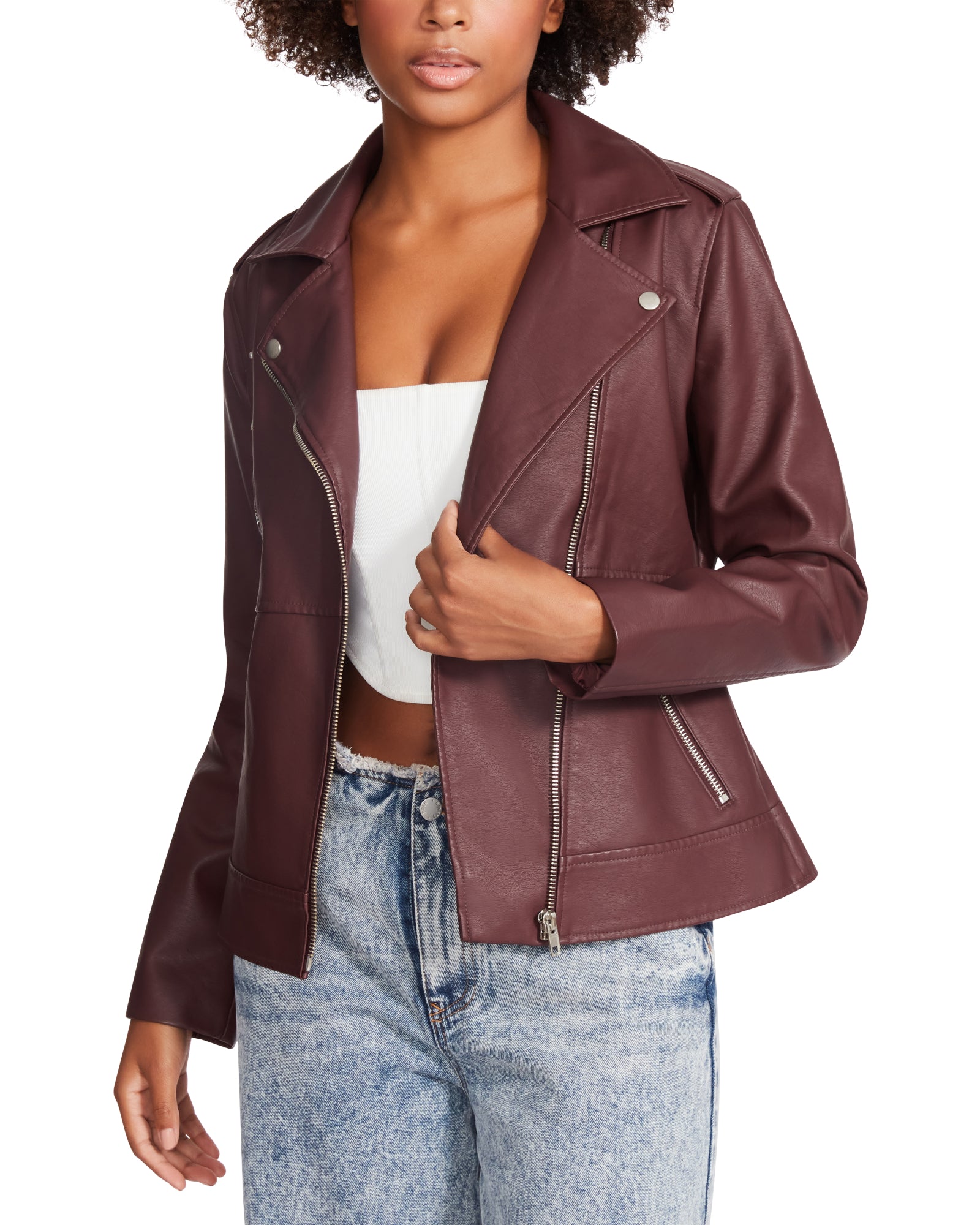 JULIA Burgundy Faux Leather Moto Jacket | Women's Designer Jackets ...