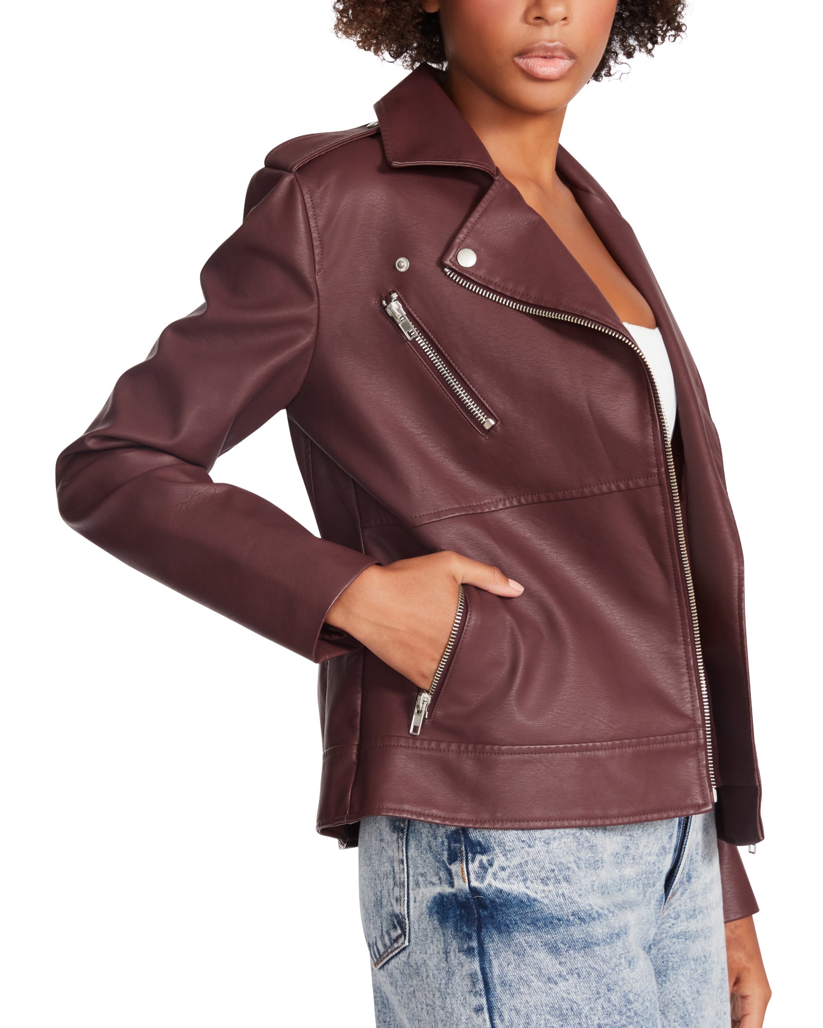JULIA Burgundy Faux Leather Moto Jacket | Women's Designer Jackets ...